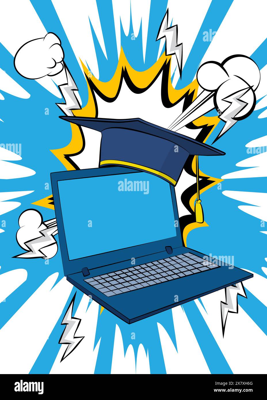 Cartoon Laptop, comic book Notebook with Graduation Hat. Retro vector ...