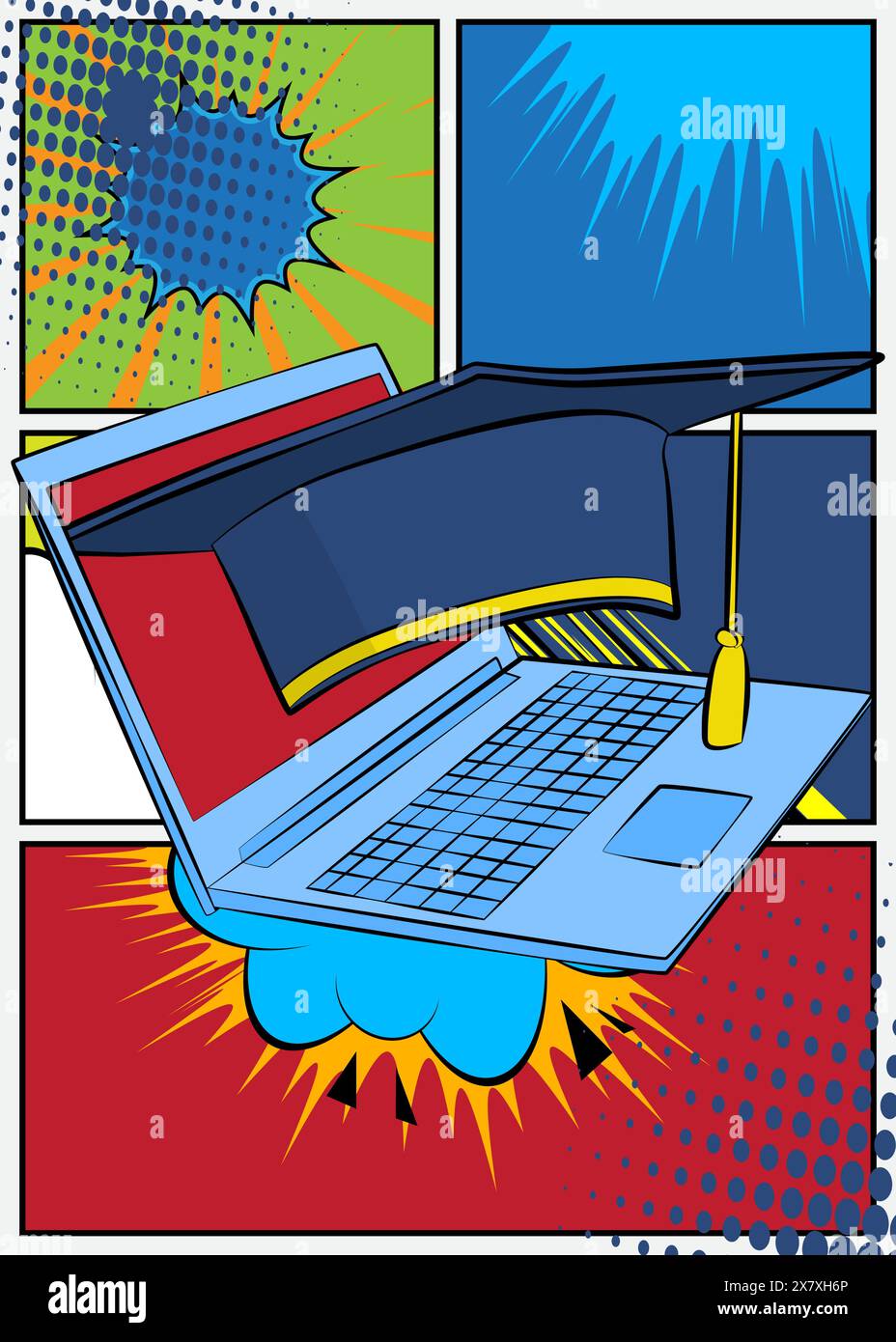 Cartoon Laptop, comic book Notebook with Graduation Hat. Retro vector ...