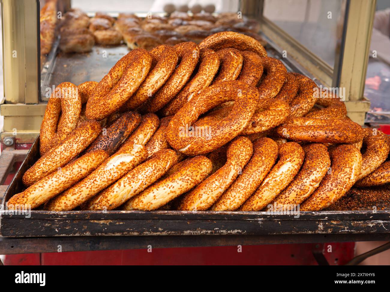 Stack of simit, a common bread from the Ottman Empire era at a street ...