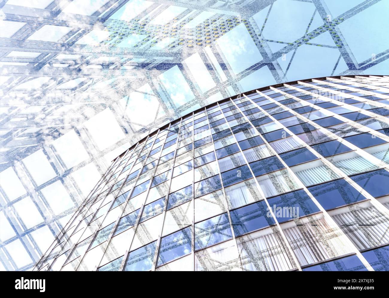 multiple exposure urban background. glass office building. bottom view ...