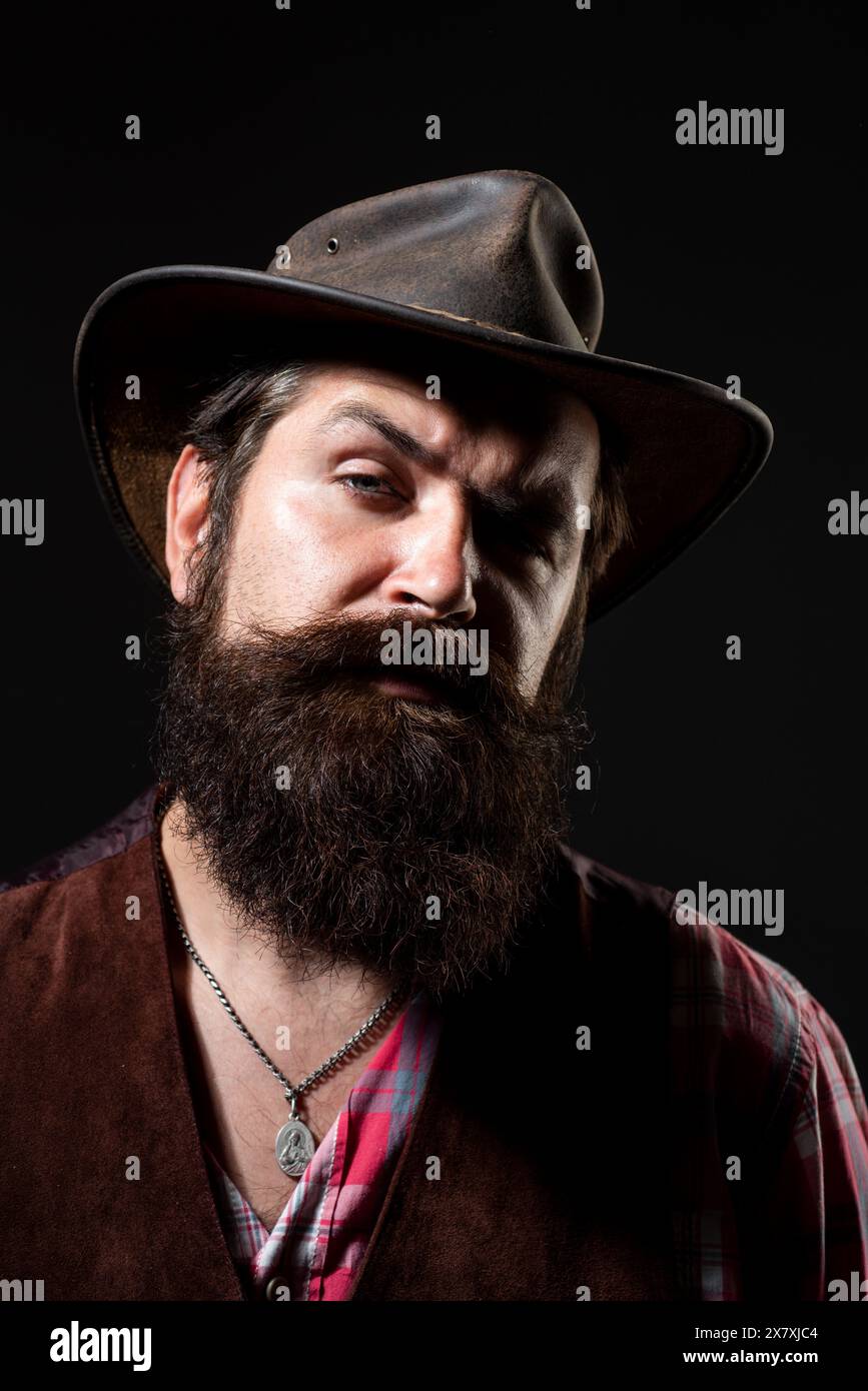 Cowboy Bearded man or hipster in Cowboy hat. Long beard. Beard style ...