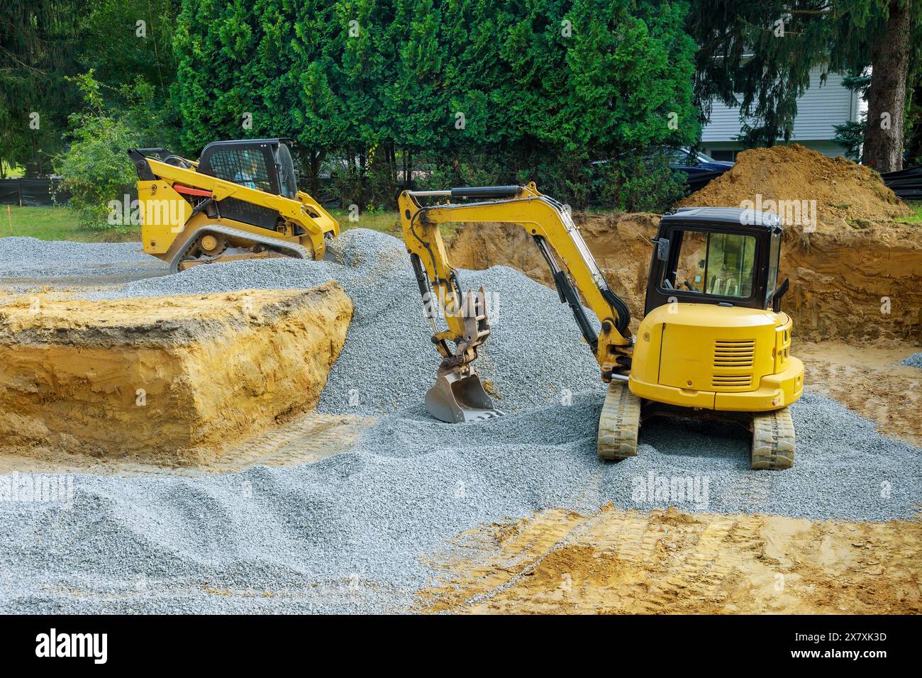 Construction site foundation is constructed by pouring concrete over ...