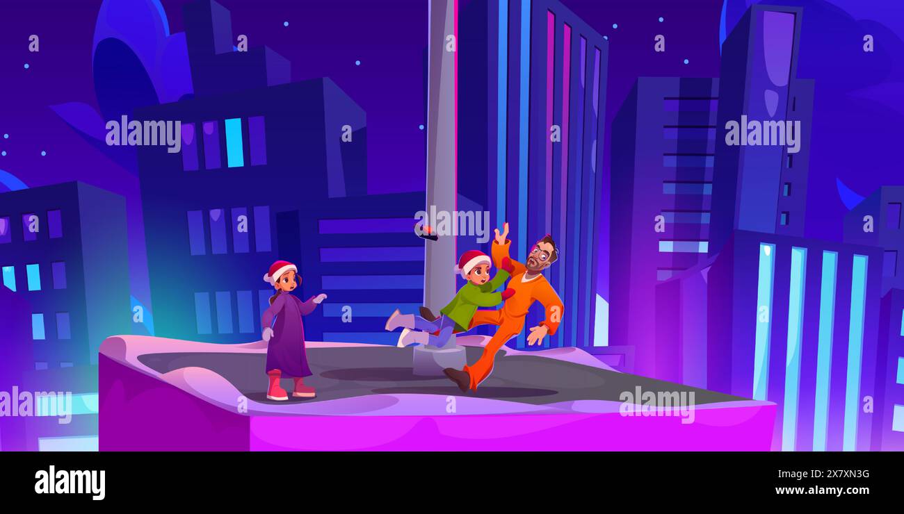Kids and prisoner on night city building roof cartoon background. Urban ...