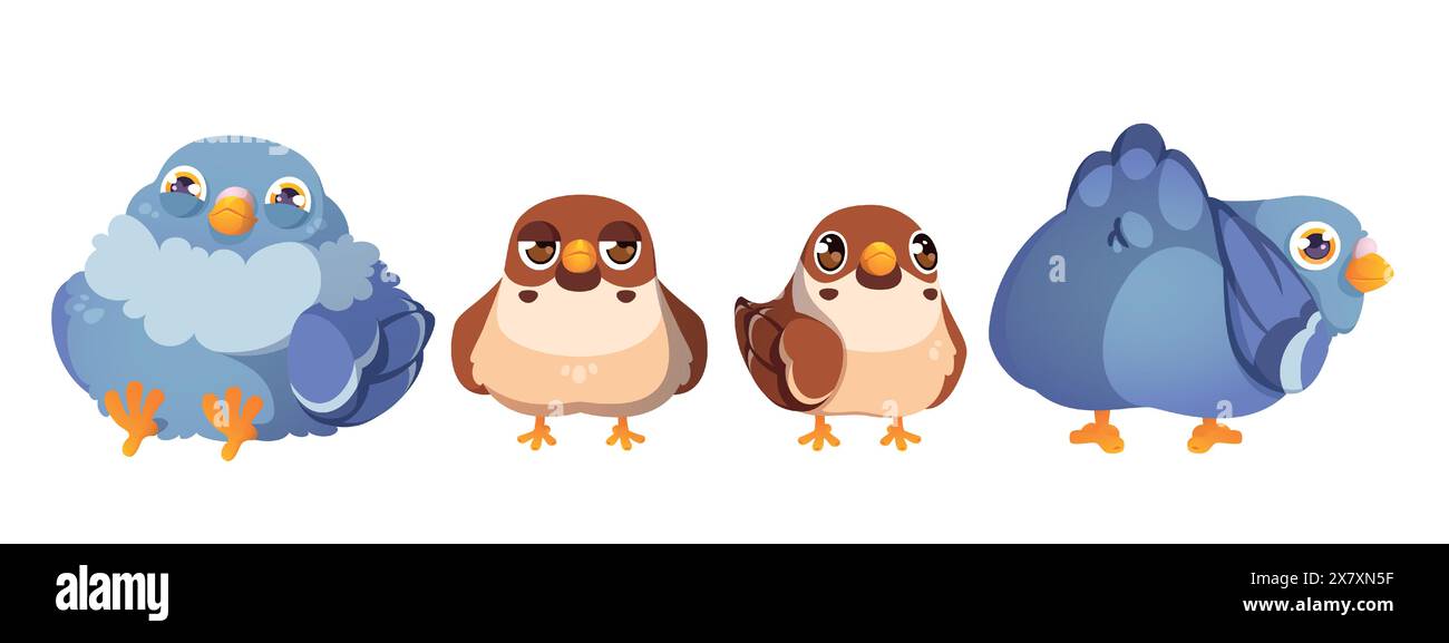 Cute pigeon and sparrow cartoon character. Vector illustration set of ...