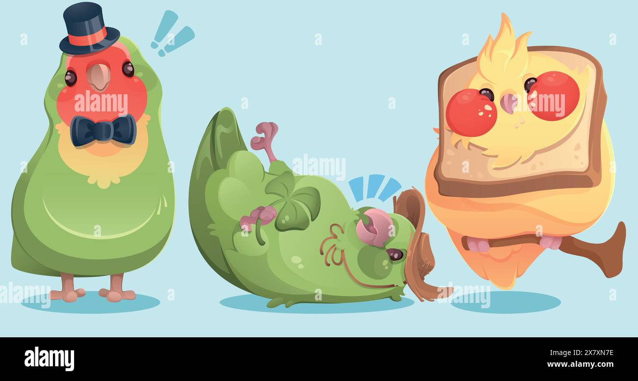 Cute parrot cartoon character in rural cap, gentleman hat and bow tie ...