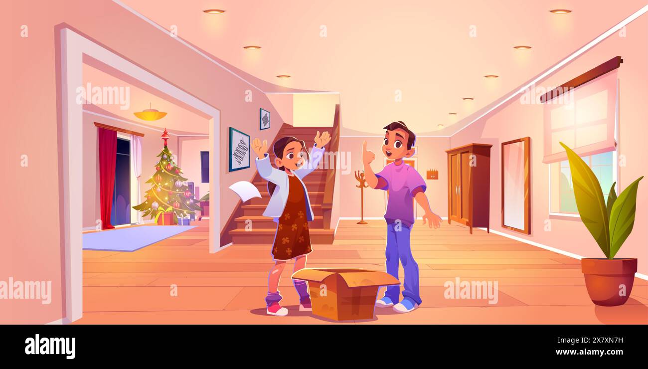 Happy teenagers standing near open cardboard box in house hall interior ...