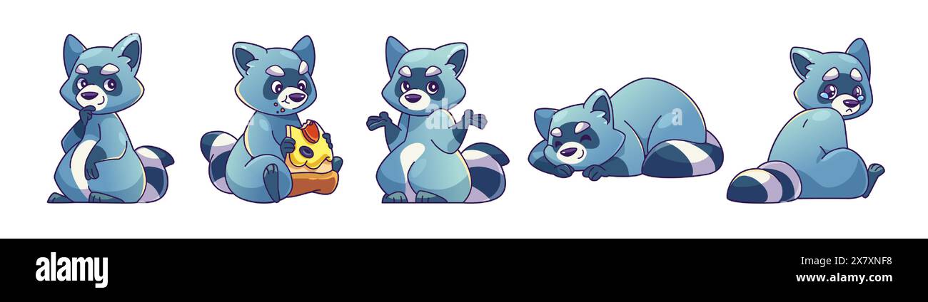 Cute racoon mascot in different poses. Cartoon vector set of funny ...