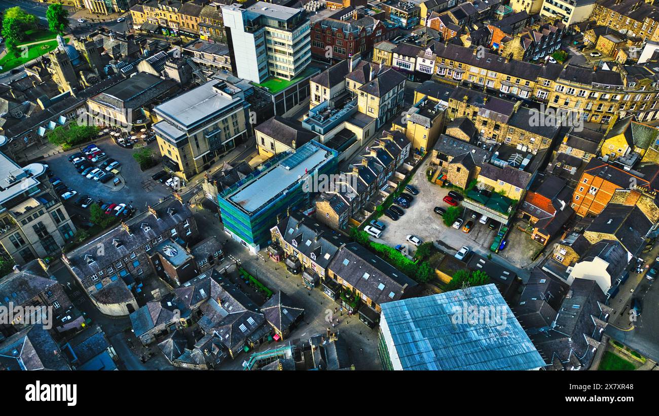Aerial view of a densely built urban area with a mix of modern and ...