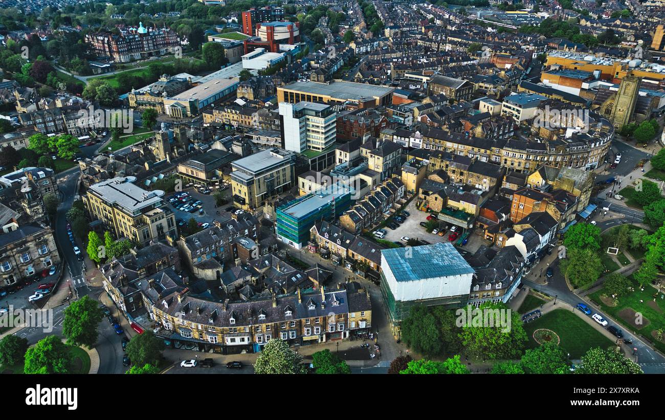 Aerial view of a densely built urban area with a mix of modern and ...