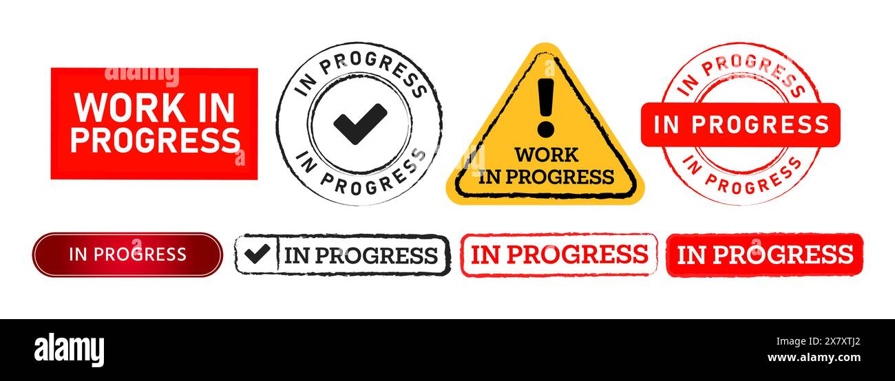 in progress square circle rubber stamp and button for business work ...