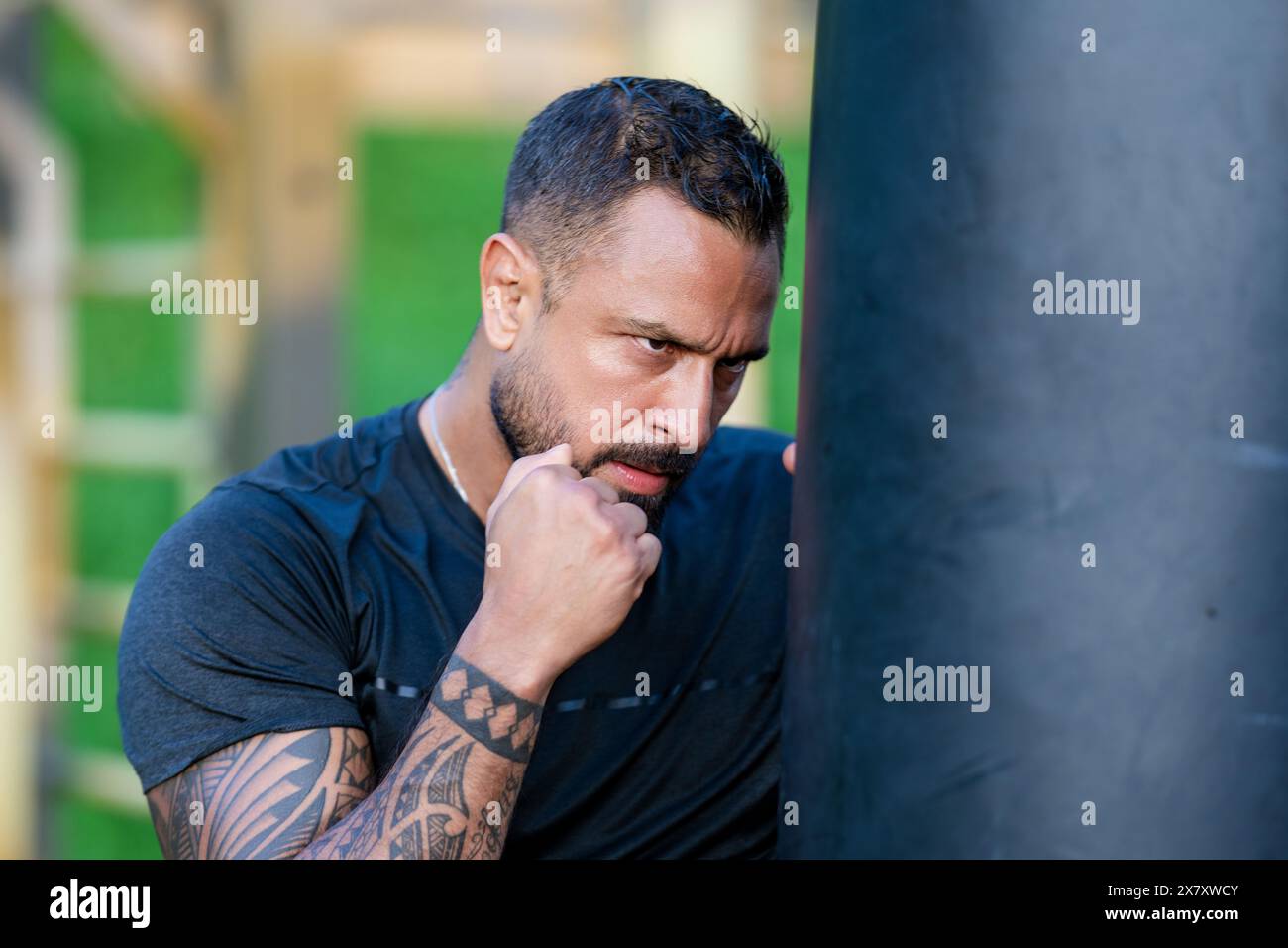 Man boxer. Sweat flies, fists collide. Mans fight. Breath heavy ...