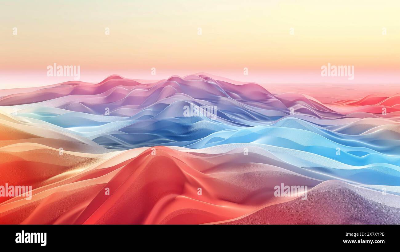 Abstract hilly landscape with vibrant gradients of blue, red, and ...