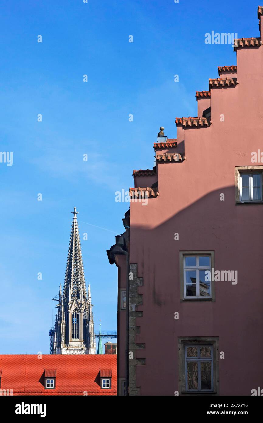 Tower of Regensburg's St Peter's Cathedral, completed around 1860, on ...