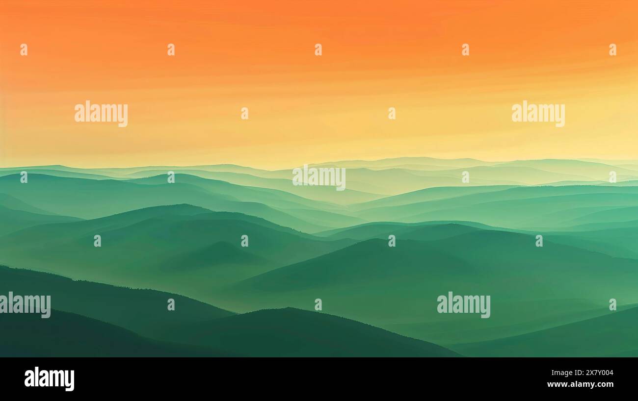 Green mountains at sunset with muted colors, creating a calm and ...