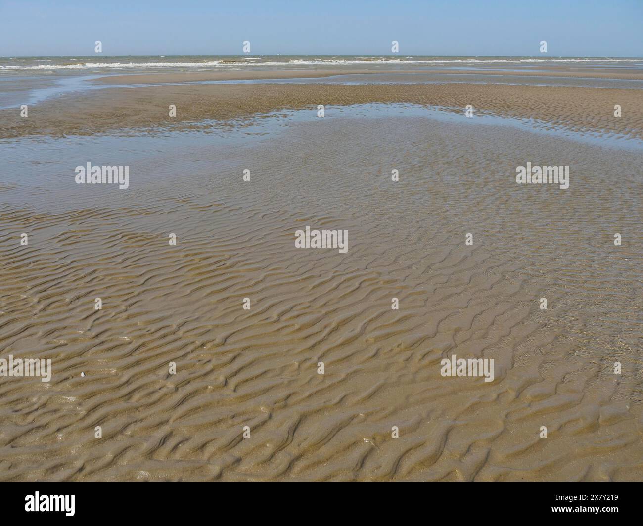 Close-up of wavy sand on the beach, at low water level, wide sandy ...