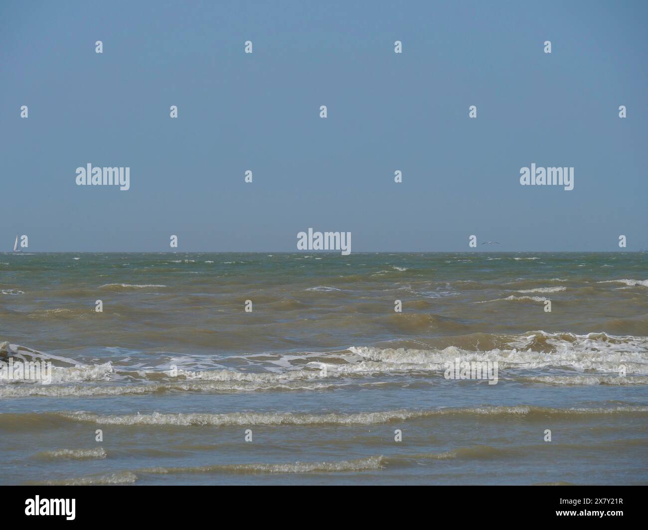 Waves in the sea under a clear blue sky, wide sandy beach by the sea ...