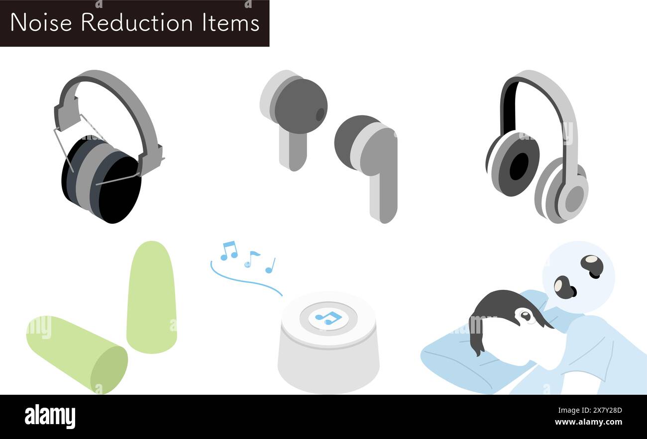 Illustrated set of user-friendly noise-reducing products - Translation ...