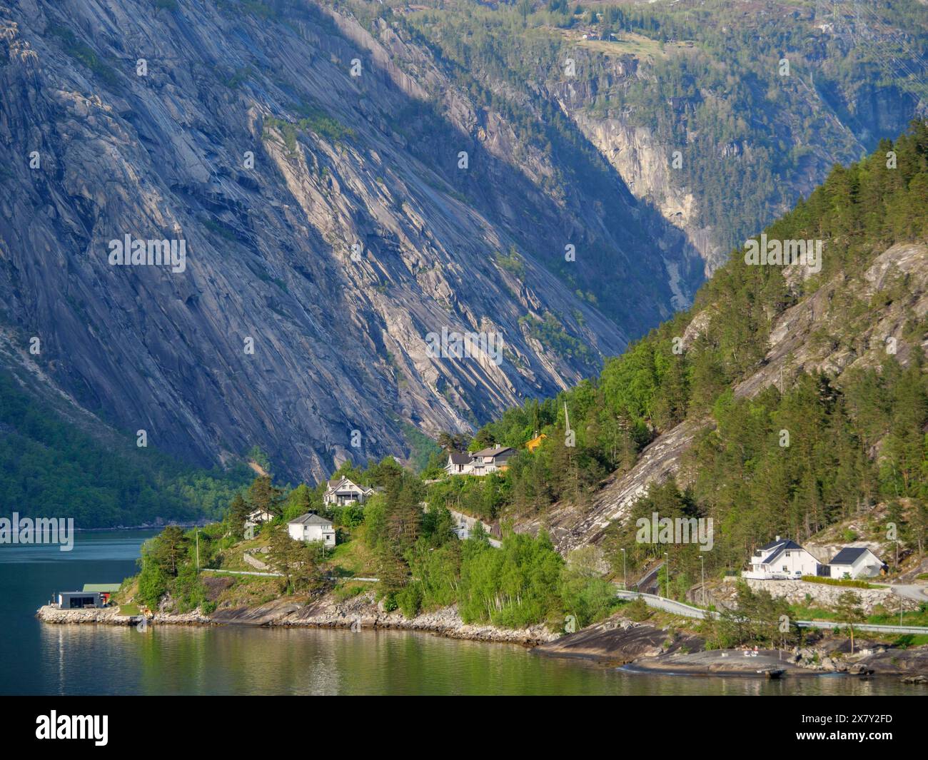 Slope on a lake with scattered houses, surrounded by dense forests and ...