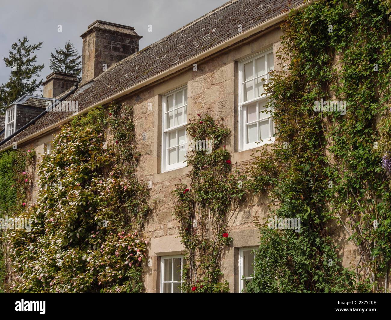 A historic stone house surrounded by a lush green garden and shrubs on ...