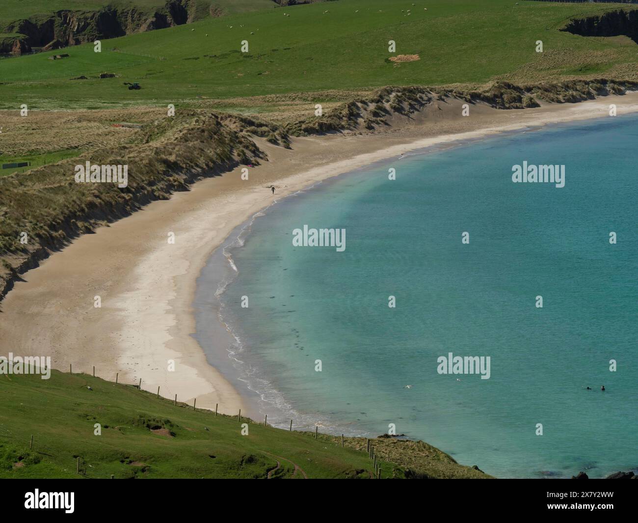 A quiet sandy beach surrounded by rocky cliffs and gentle green slopes ...