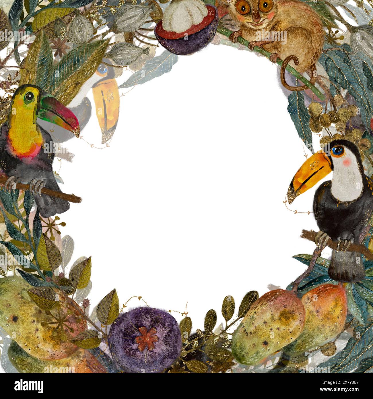 Tropical watercolor wildlife frame with colorful birds, animals, plants ...