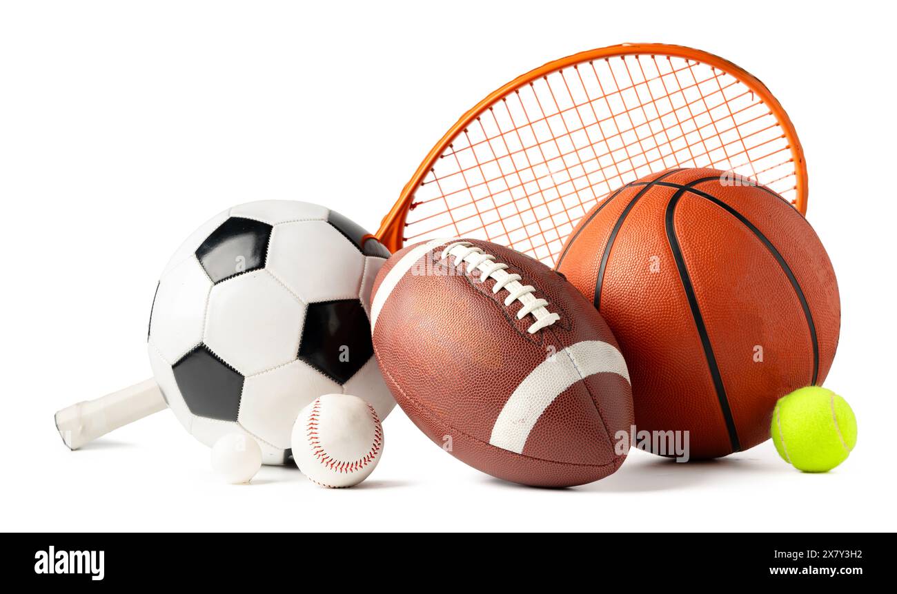 Assorted sports equipment isolated on white background Stock Photo - Alamy