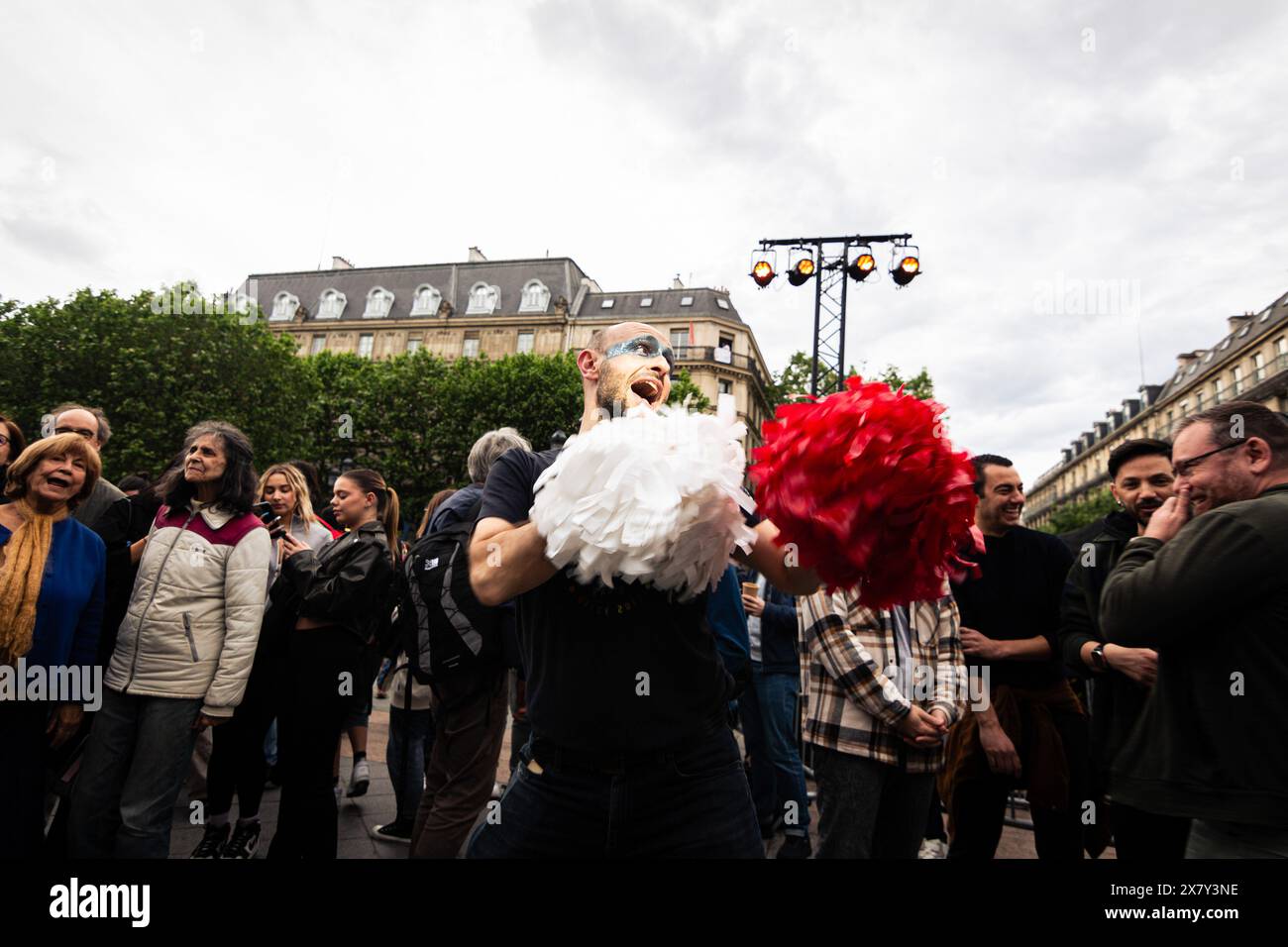 Paris, France. 17th May, 2024. A cheerleader man dances during the ...