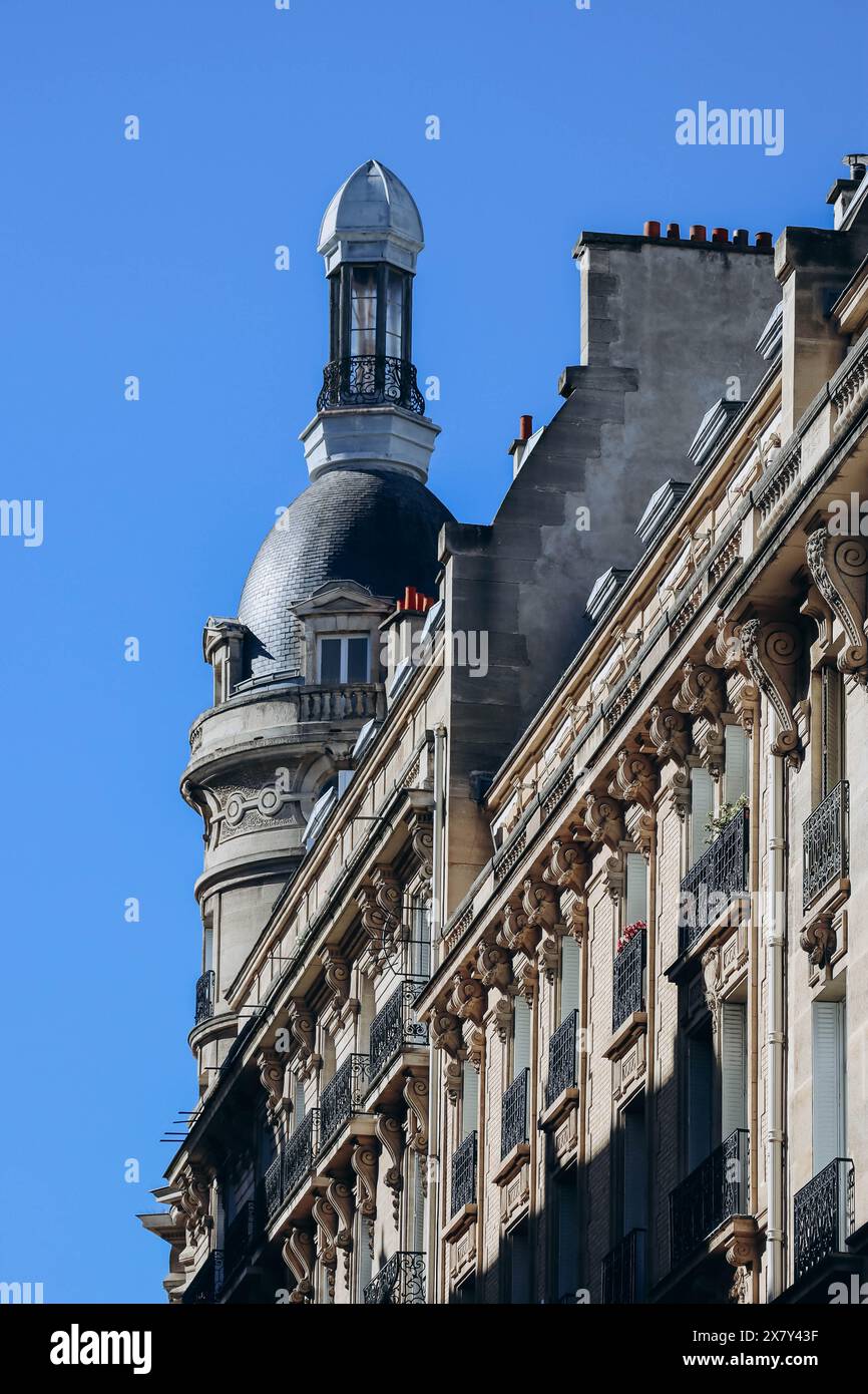 Passy district in Paris, and a turret of the old 19th century house ...