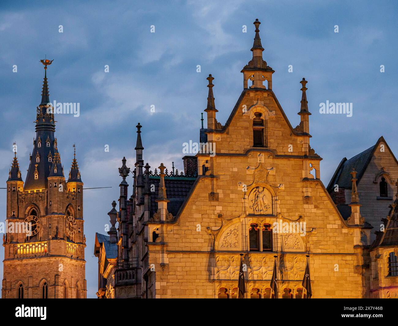 An illuminated gothic cathedral and towers in a park at night, historic ...