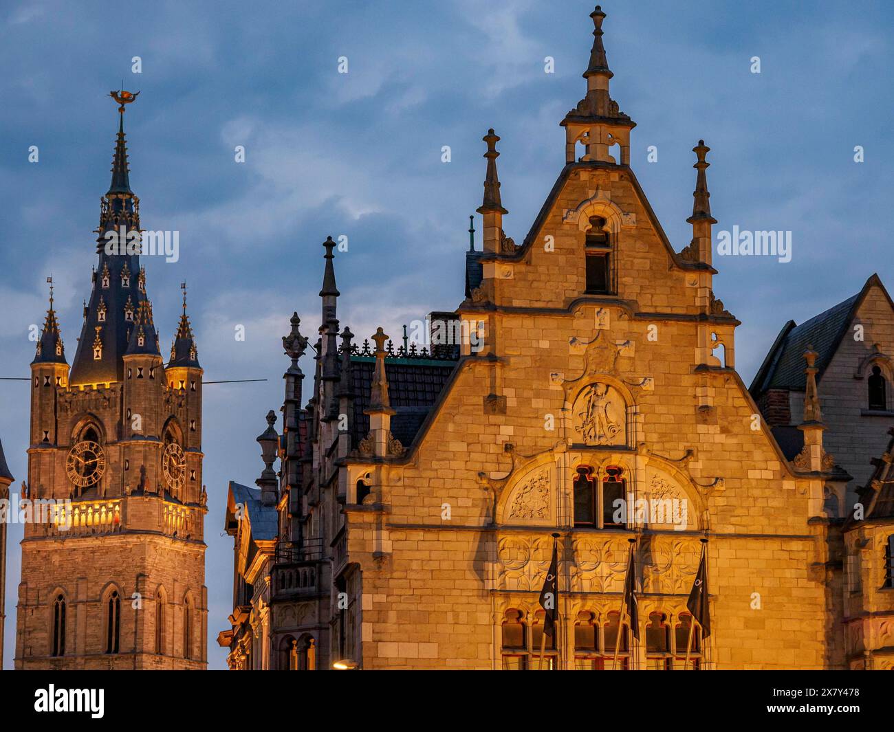 Detailed gothic architecture and a church tower in a historic city at ...