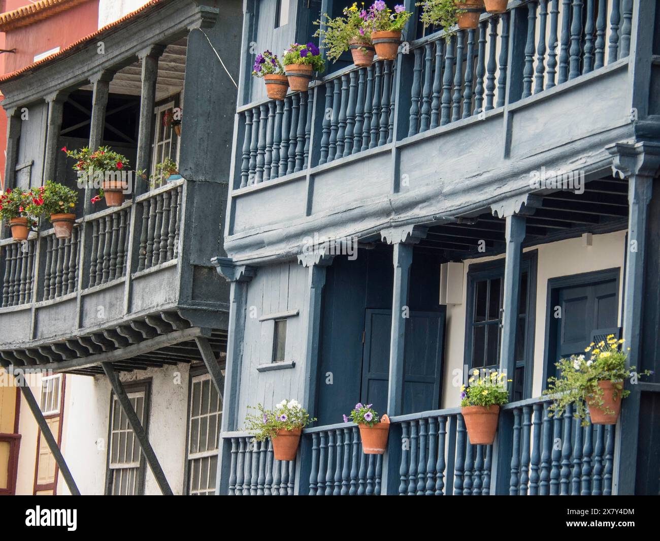 Colonial style balconies with flower pots and plants on a grey building ...