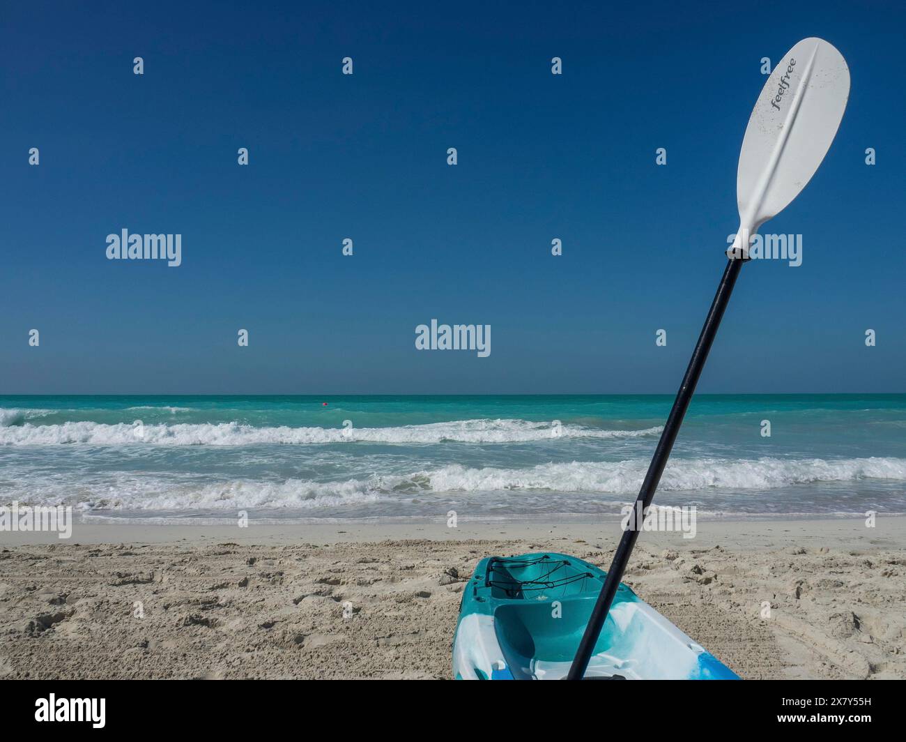 Blue kayak with paddle on the sandy shore of the sea under a cloudless ...