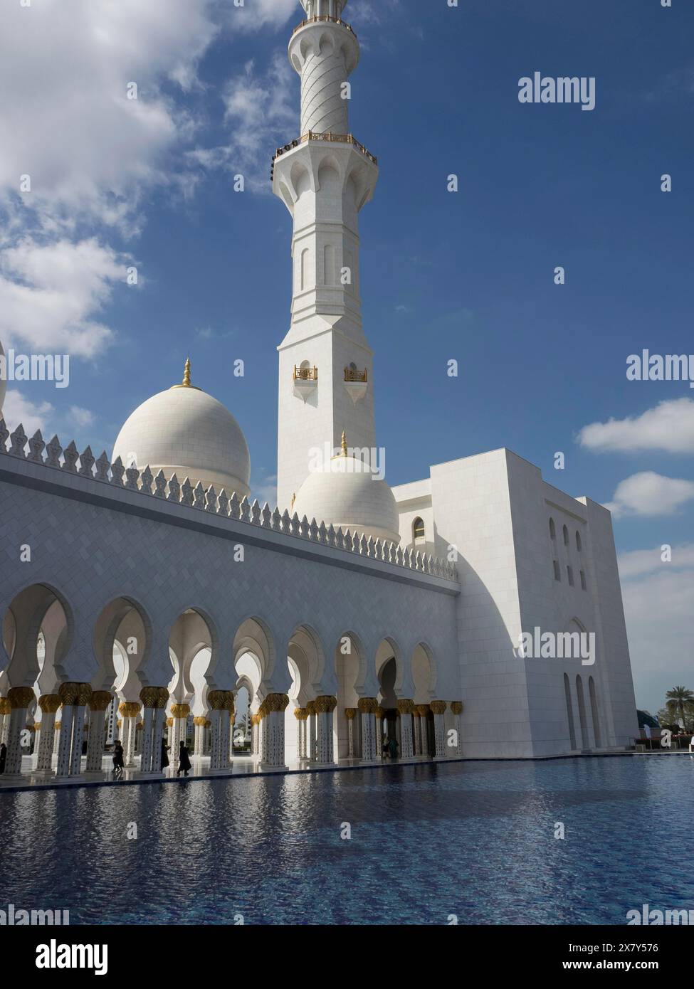 The magnificent mosque with domes and minaret is reflected in the clear ...