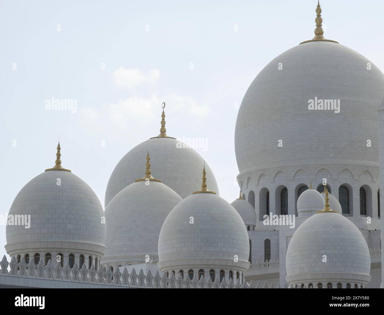 Detailed view of several white domes of a mosque with golden tips under ...