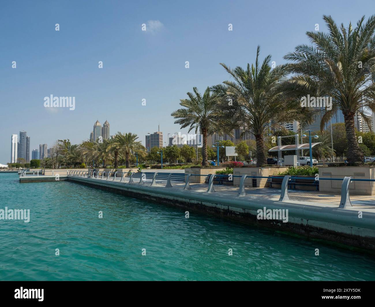 Waterfront promenade with skyscrapers and numerous palm trees under a ...