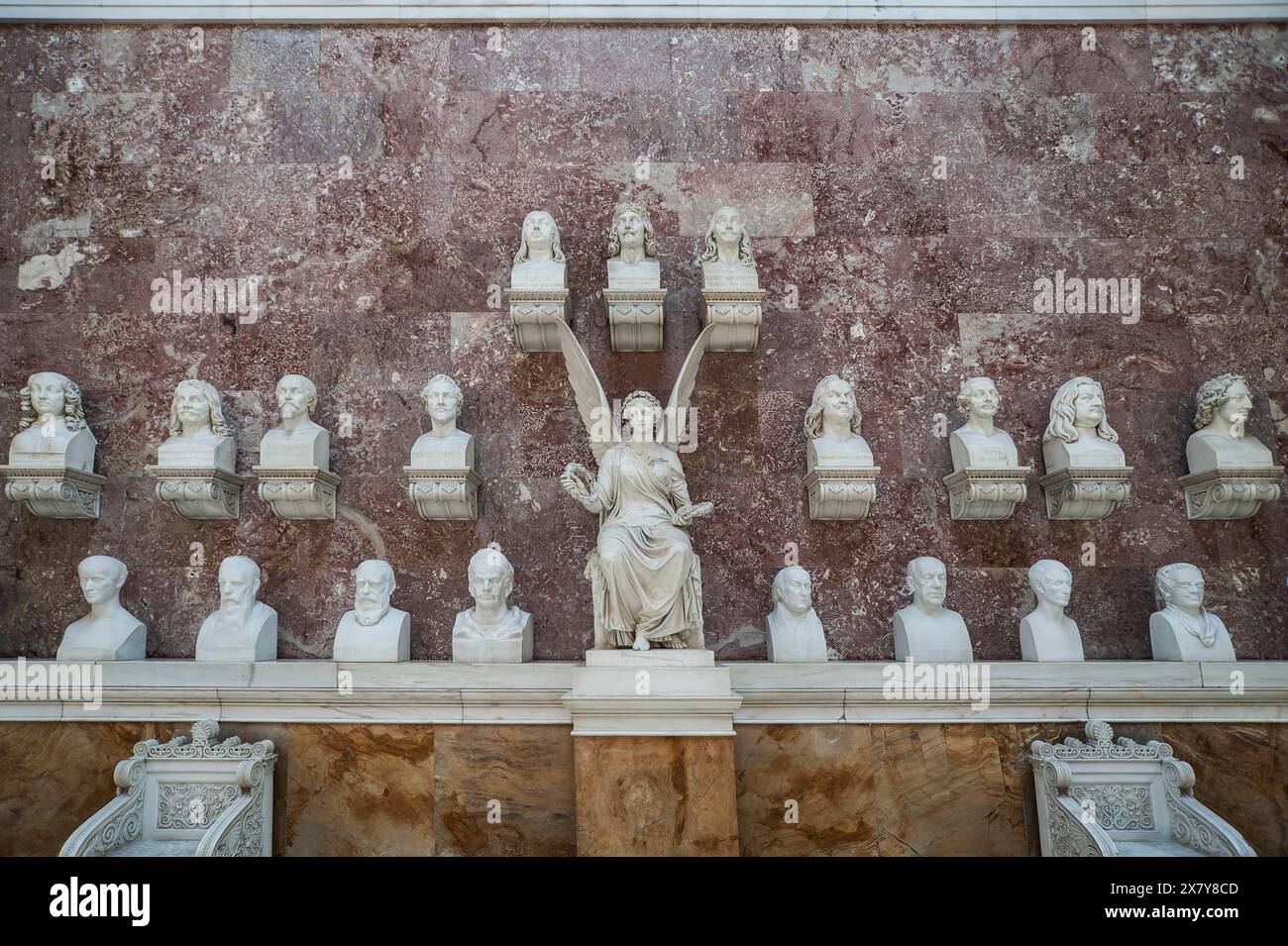 Wall with busts of famous personalities in the interior of the Walhalla ...