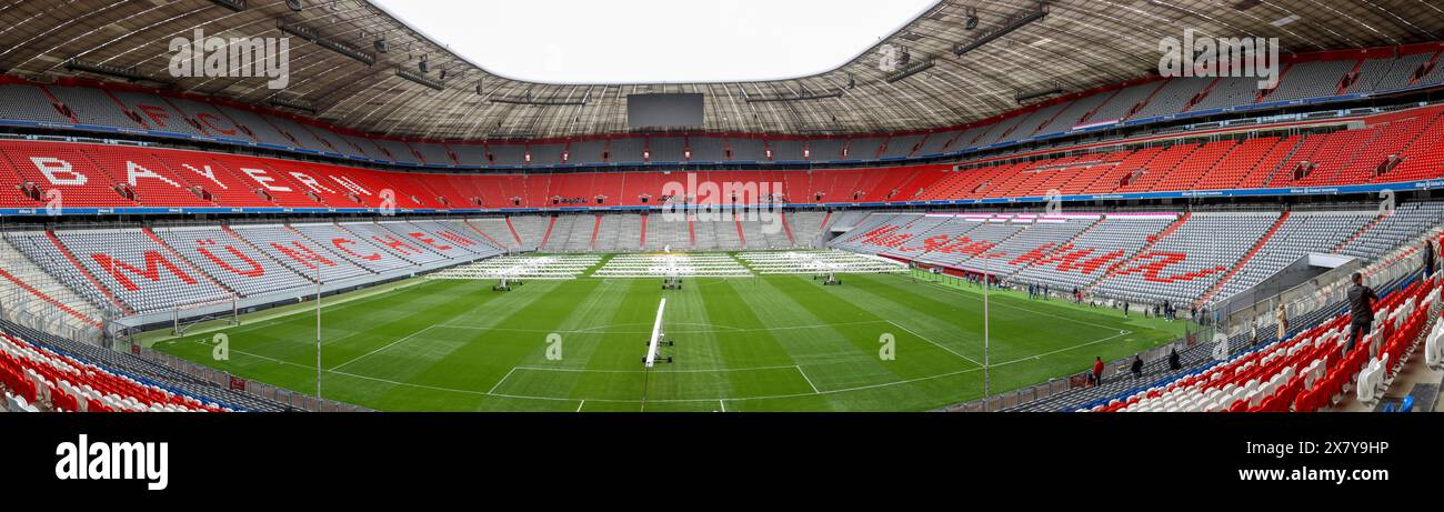 Panoramic photo of empty stands and empty grass football pitch, Allianz ...