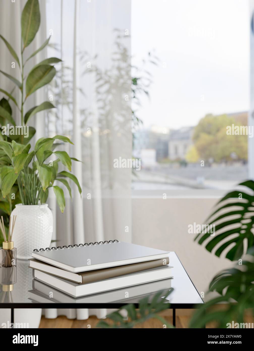 A close-up image of books on a coffee table near the window, surrounded ...