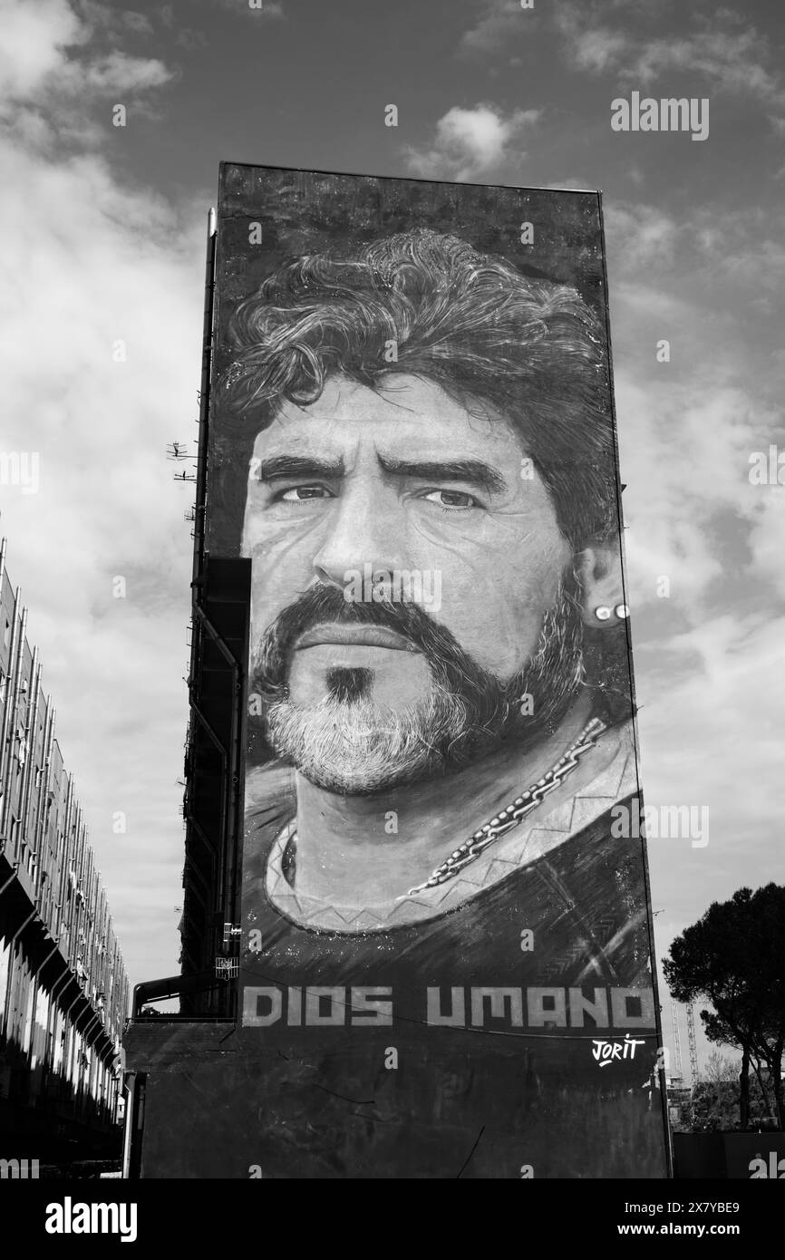 Street artist Jorit's mural of Maradona on a building in Naples, Italy ...