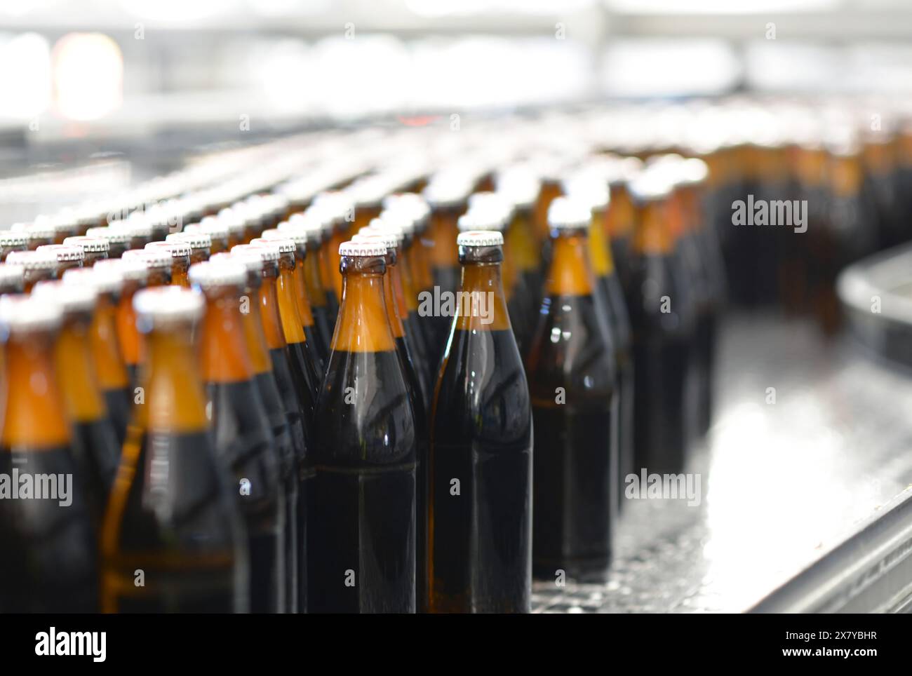 beer bottles on the assembly line in a modern brewery - industrial ...