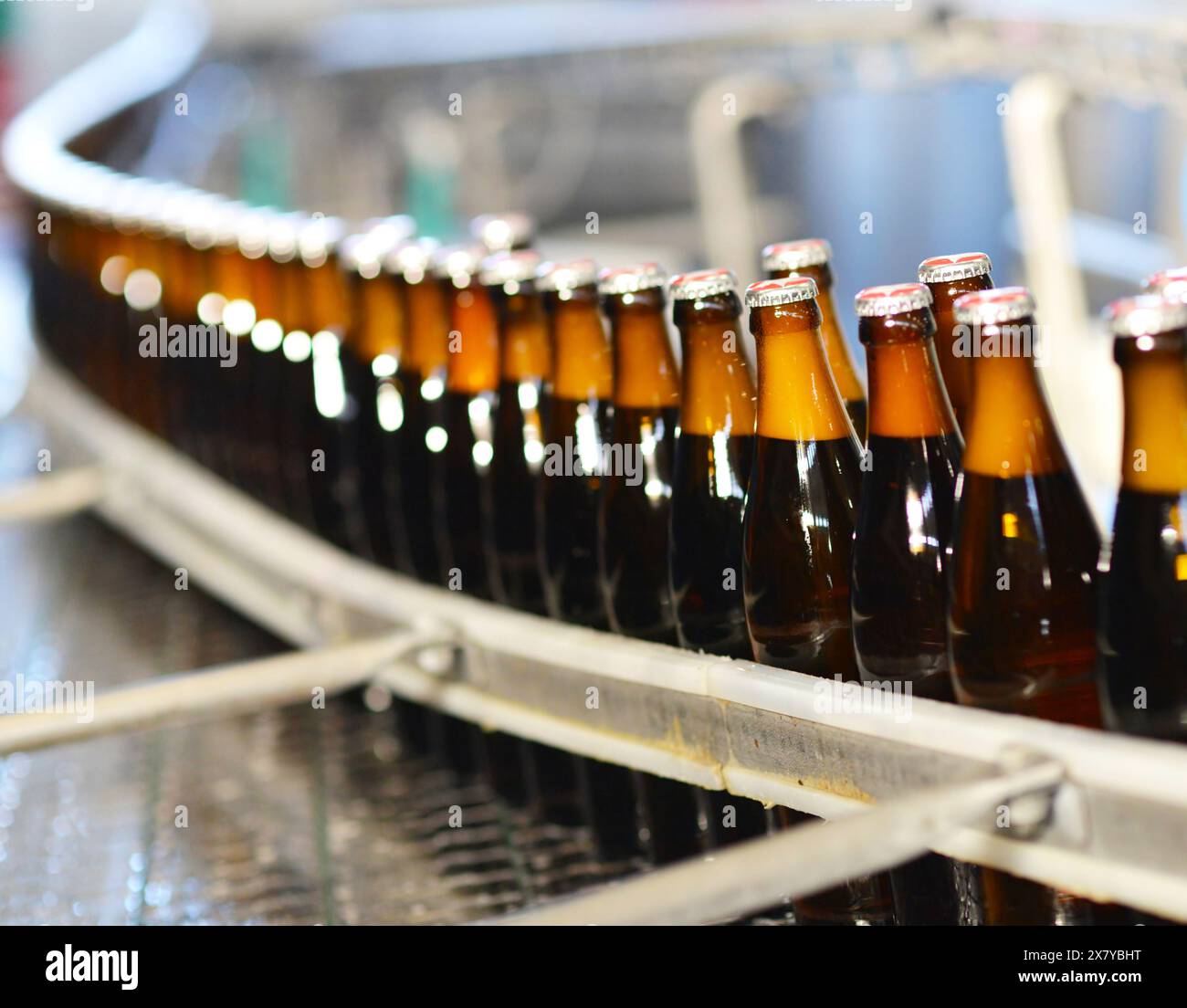 beer bottles on the assembly line in a modern brewery - industrial ...