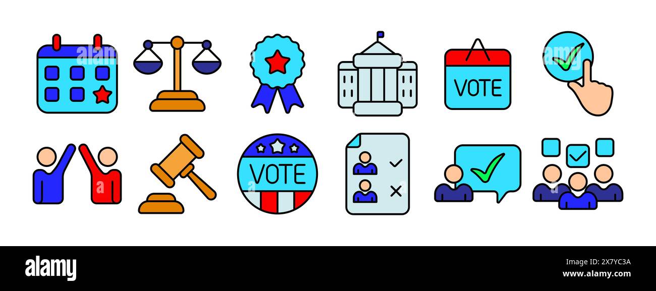 Election set icon. Calendar with star, balance scales, award ribbon ...