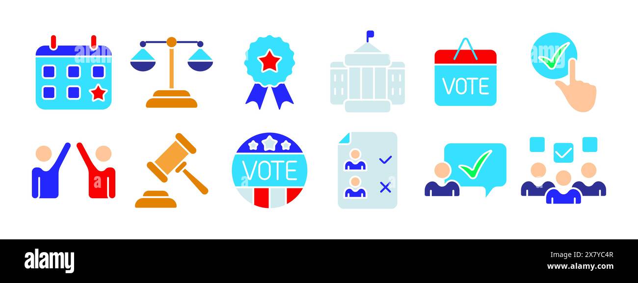 Election set icon. Calendar with star, balance scales, award ribbon ...