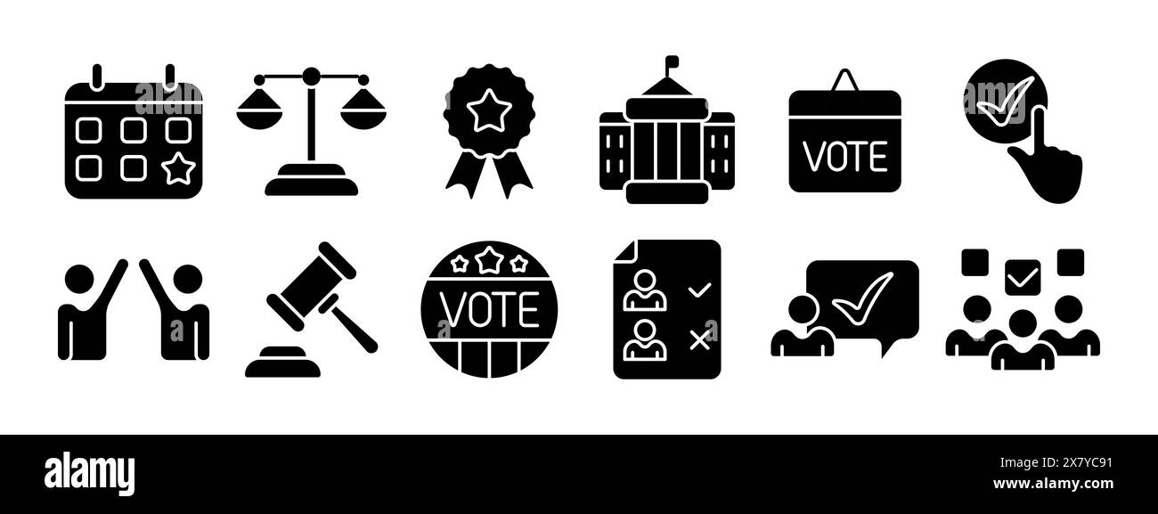 Election set icon. Calendar with star, balance scales, award ribbon ...