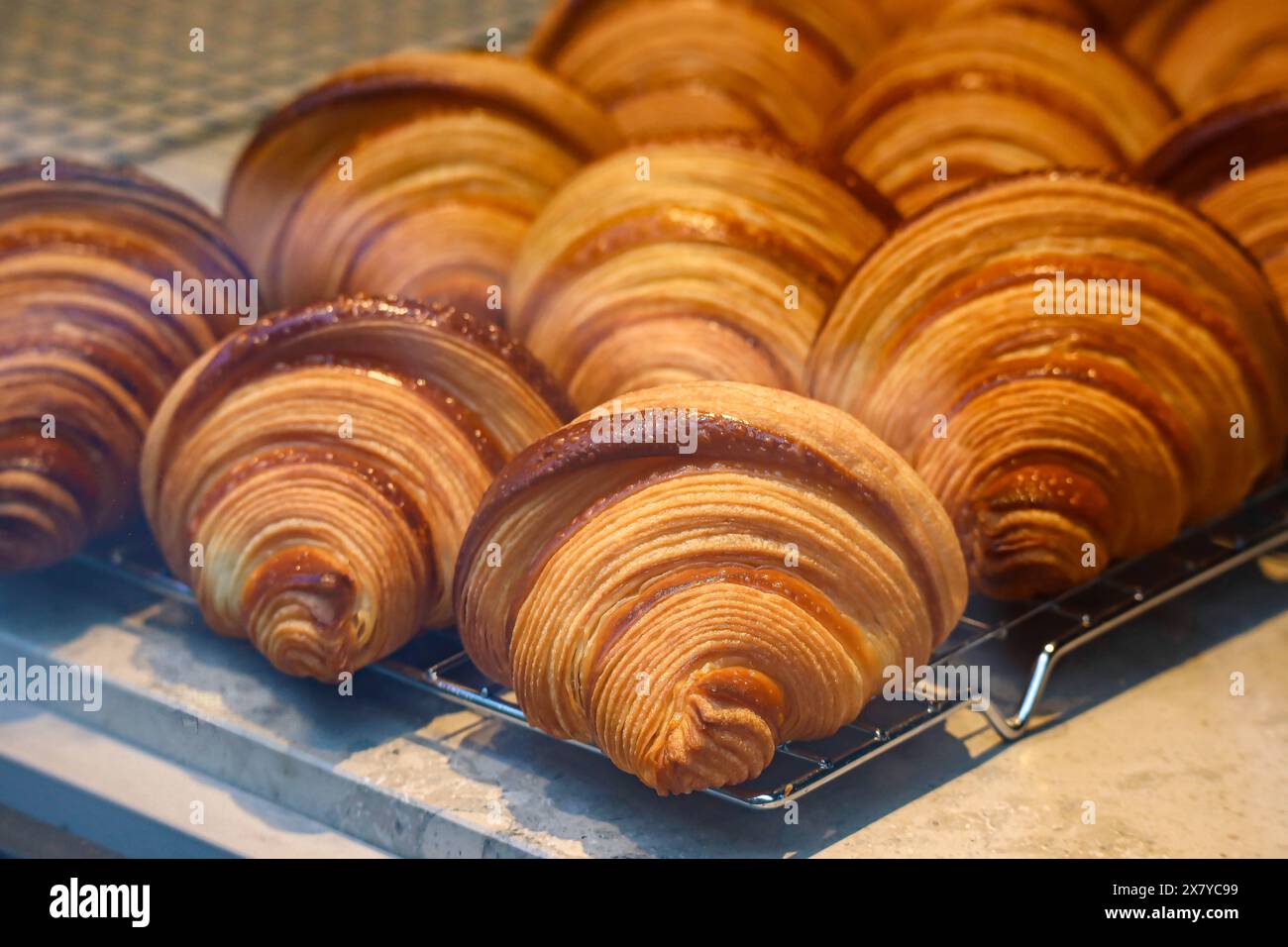 Close-up of fresh and beautiful croissants in a bakery showcase Stock ...