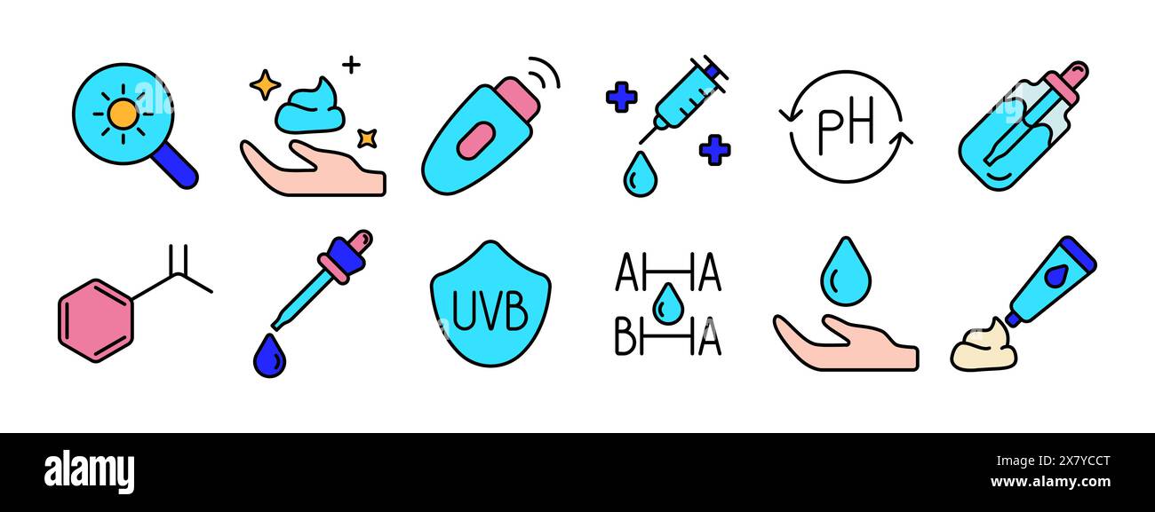 Skincare set icon. Magnifying glass, lotion, sunscreen, syringe, pH ...