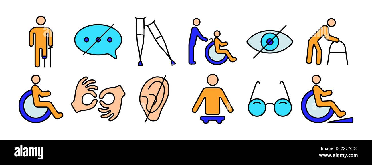 Disability set icon. Crutches, speech bubble, wheelchair, helper ...