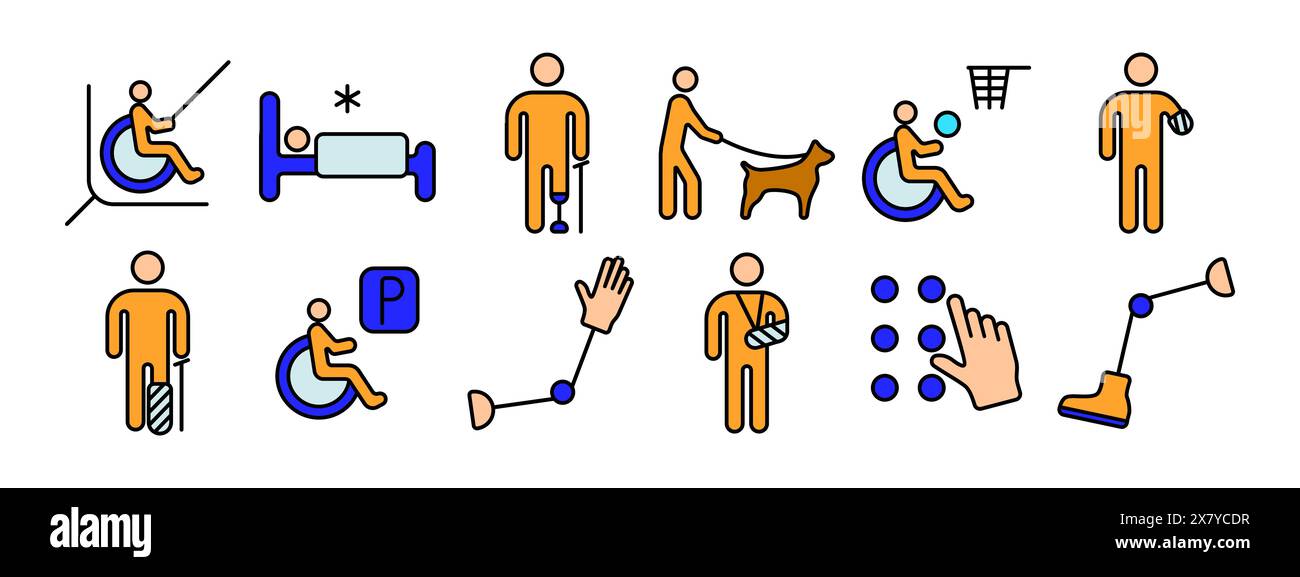Disability set icon. Wheelchair ramp, bed, crutches, guide dog ...