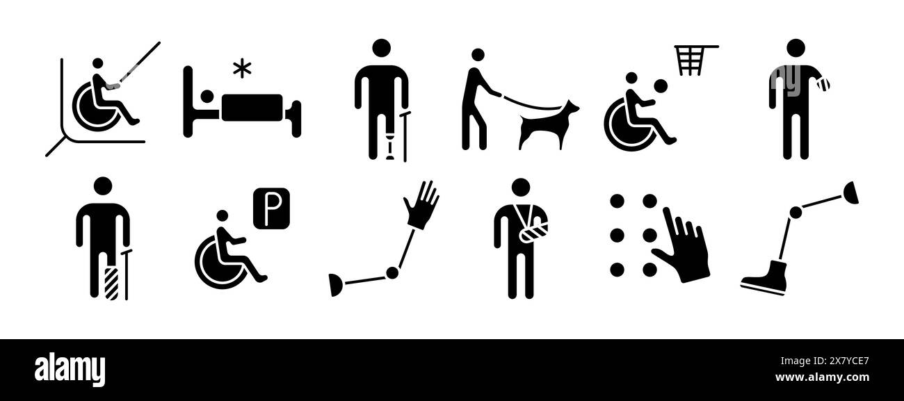 Disability set icon. Wheelchair ramp, bed, crutches, guide dog ...