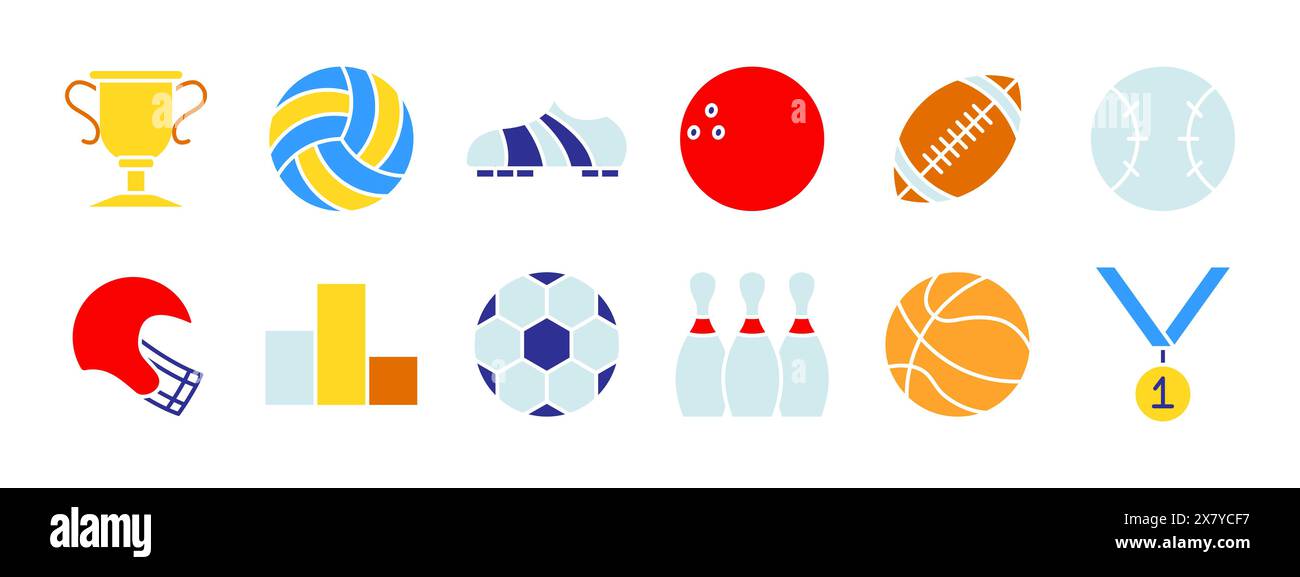 Sports set icon. Trophy, volleyball, soccer cleat, bowling ball ...